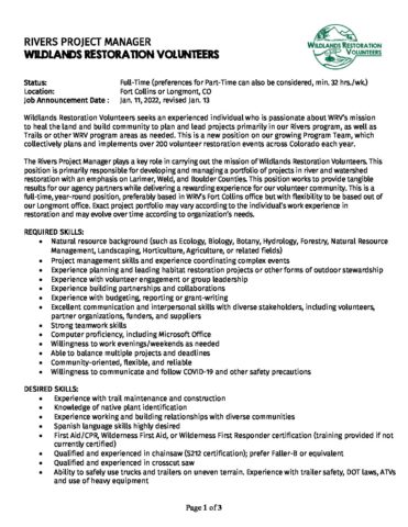 Wildlands Restoration Volunteers | 2022 WRV Rivers Project Manager